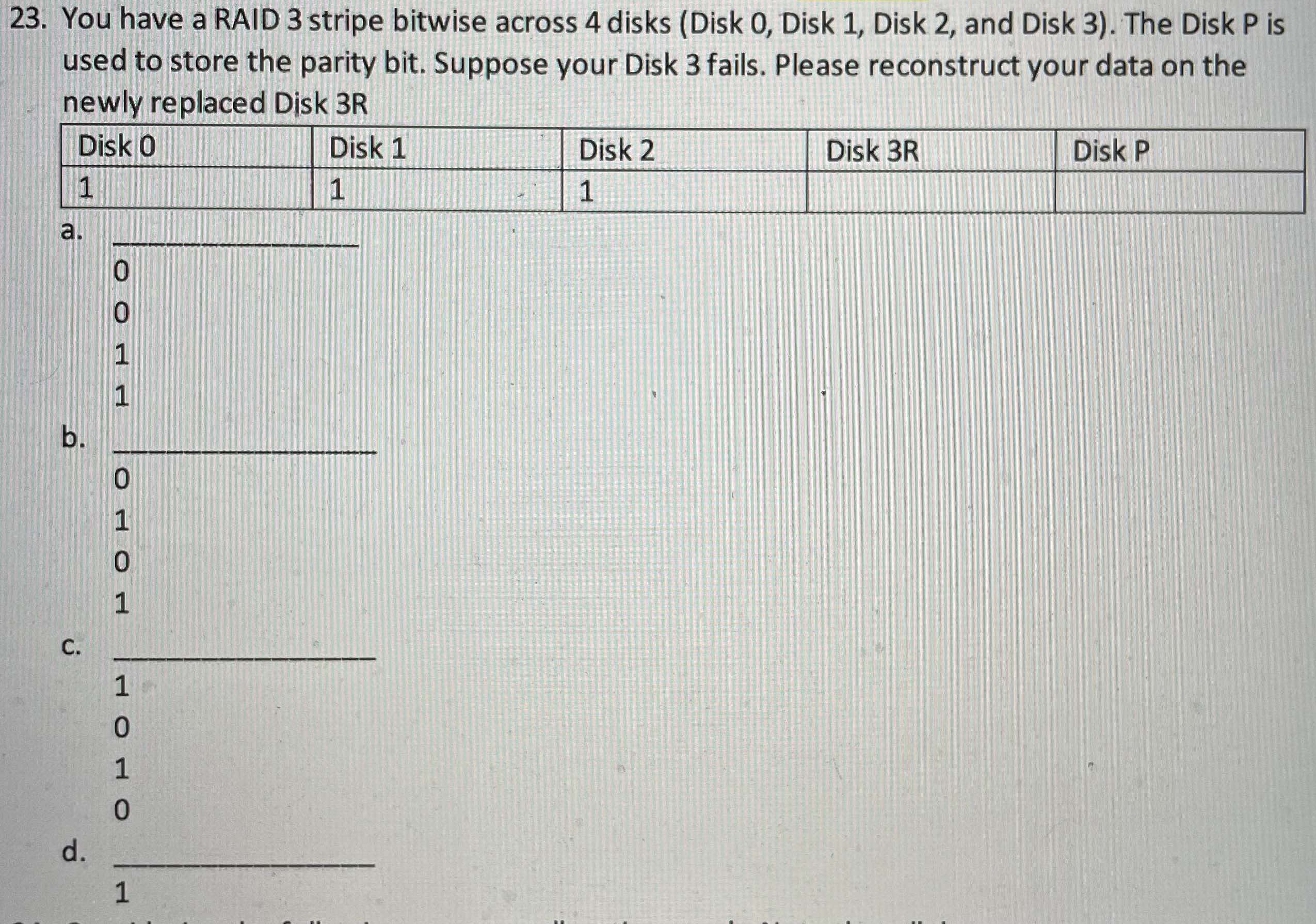 Solved You have a RAID 3 ﻿stripe bitwise across 4 ﻿disks | Chegg.com
