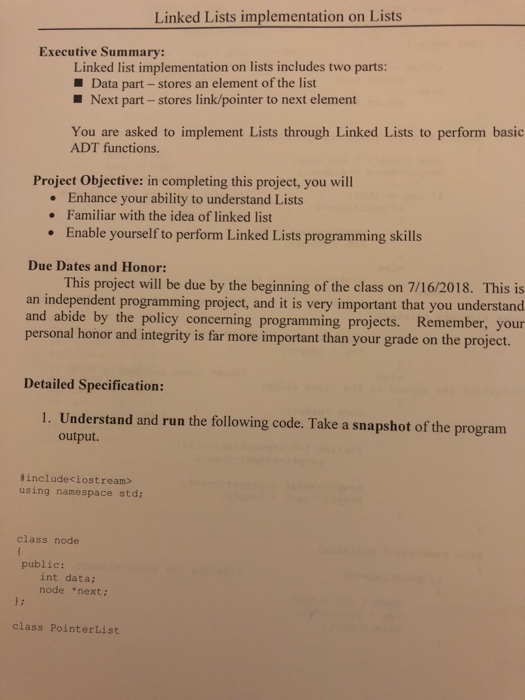 Solved Linked Lists implementation on Lists Executive | Chegg.com