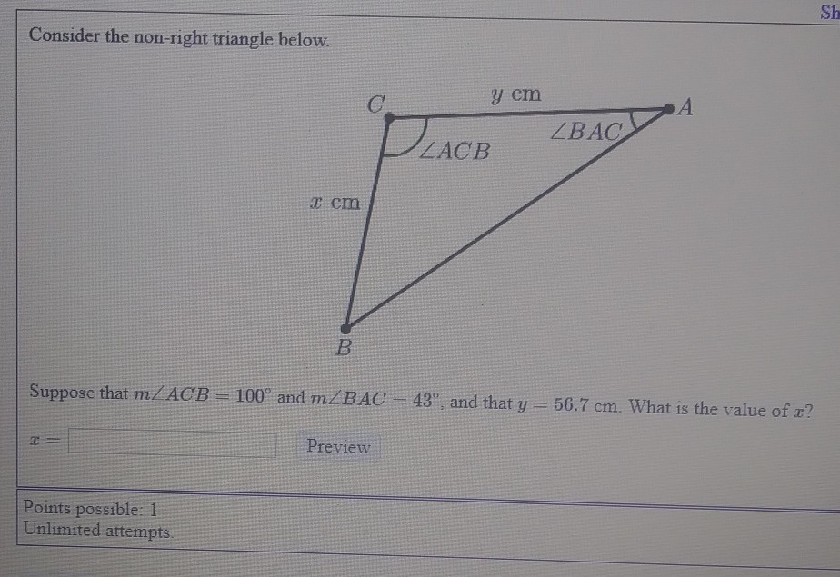 Solved Sh Consider the non- right triangle below y cm ZBAC | Chegg.com