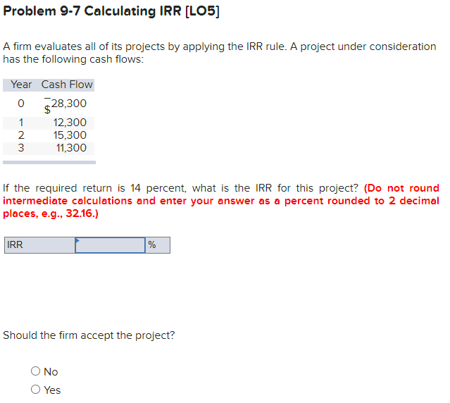 Solved Problem 9-7 Calculating IRR (LO5] A firm evaluates | Chegg.com