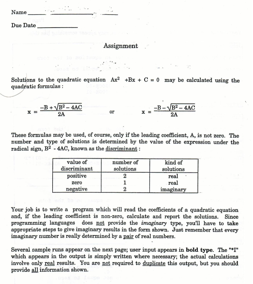 Solved Name Due Date Assignment Solutions to the quadratic | Chegg.com