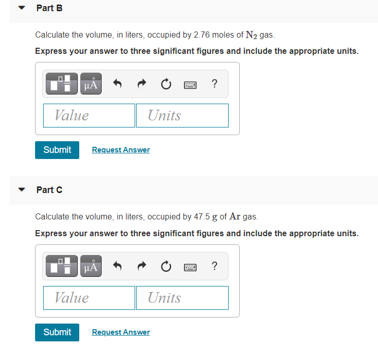 Solved Part B Calculate the volume, in liters, occupied by | Chegg.com