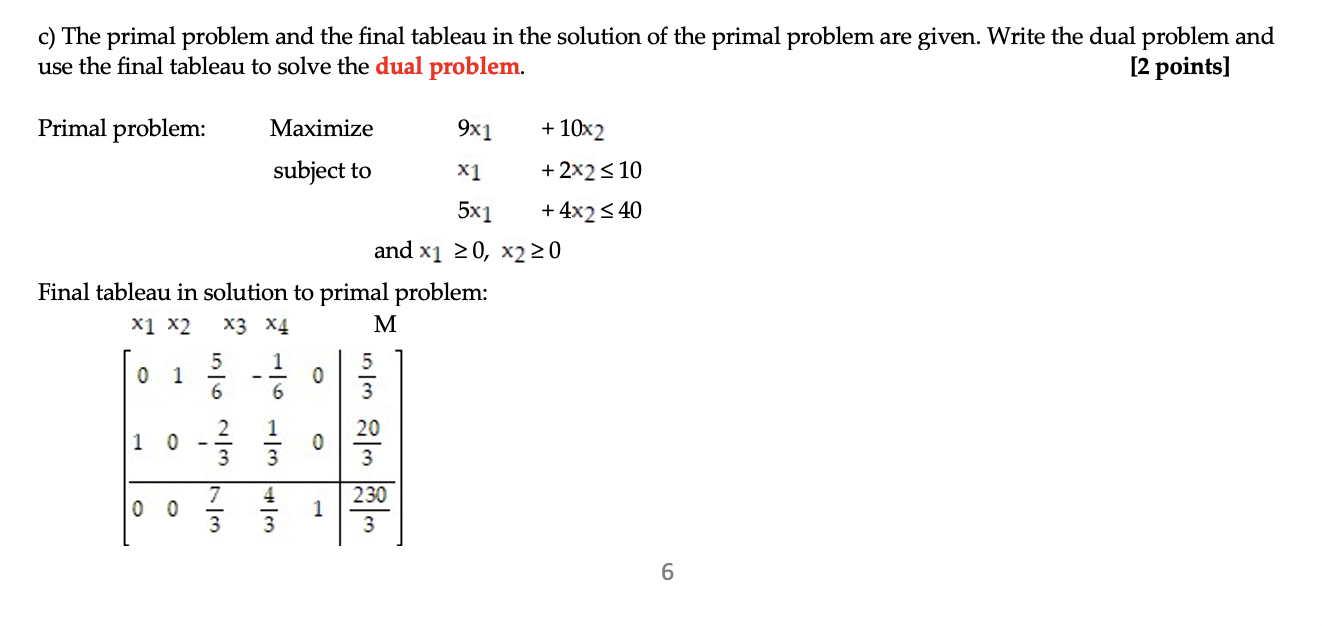 Solved c) The primal problem and the final tableau in the | Chegg.com