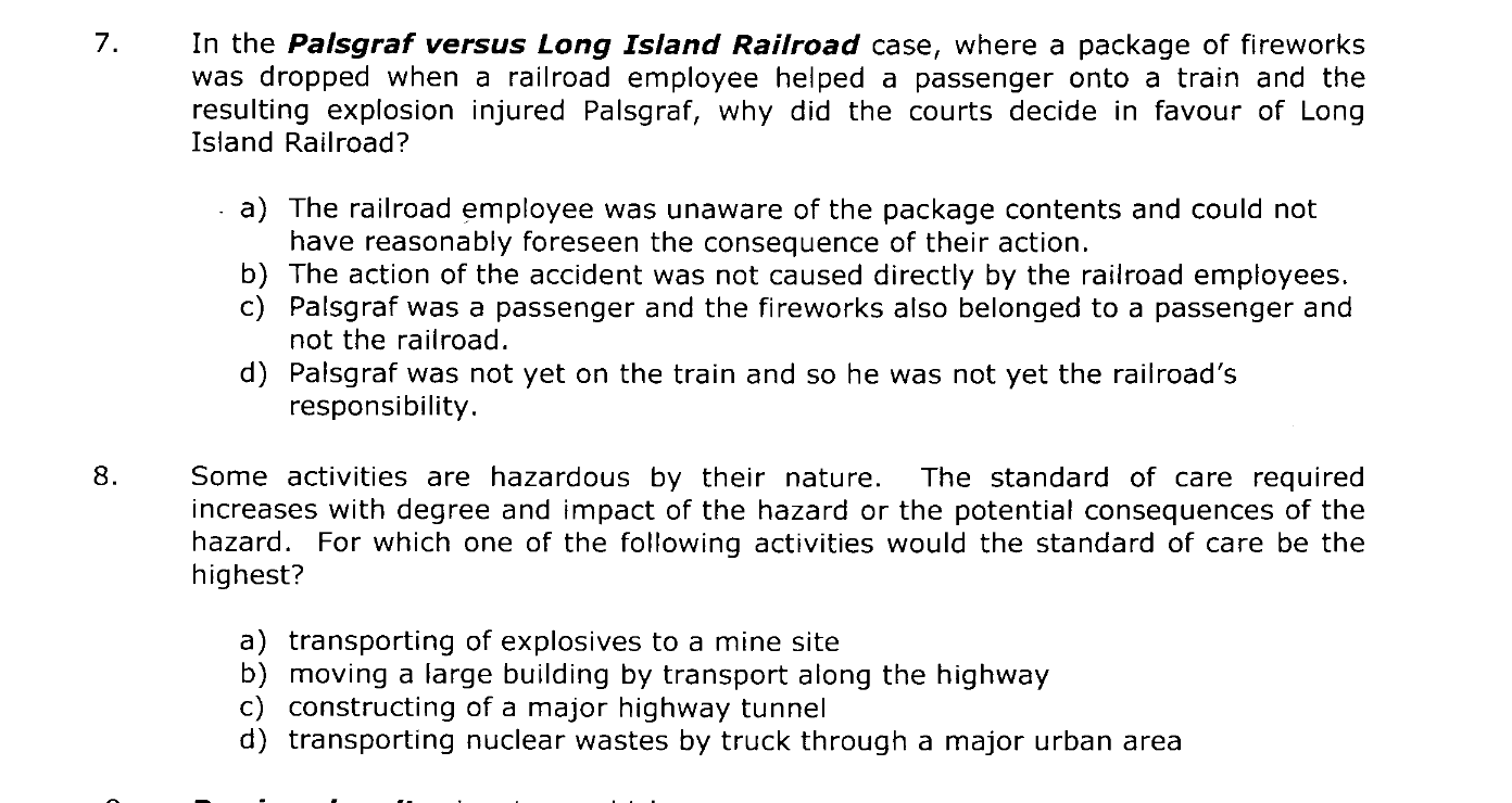 Solved 7. In the Palsgraf versus Long Island Railroad case, | Chegg.com