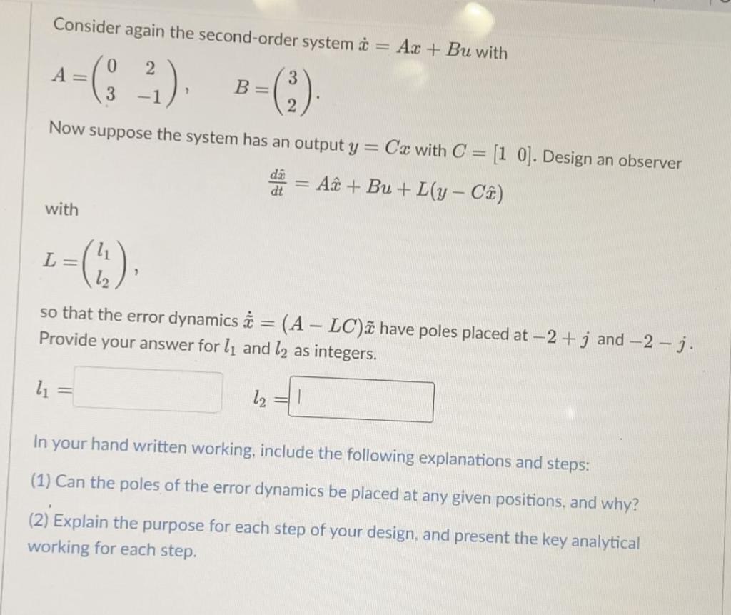 Solved consider again the second-order system x'=Ax+Bu | Chegg.com