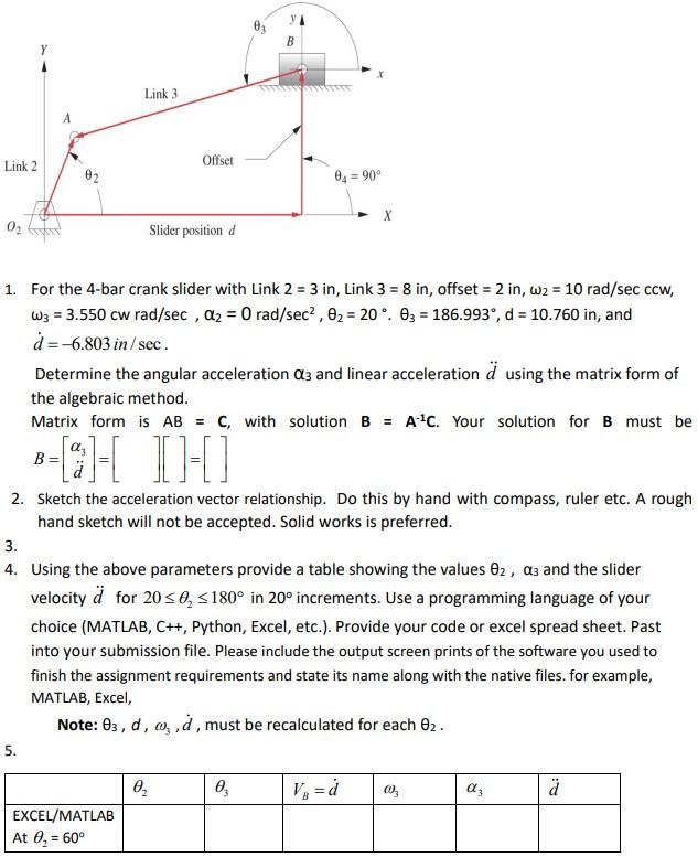Solved 1. For the 4-bar crank slider with Link 2=3 in, Link | Chegg.com