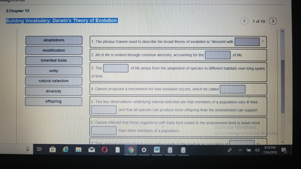 Solved adaptations 1. The phrase Darwin used to describe | Chegg.com