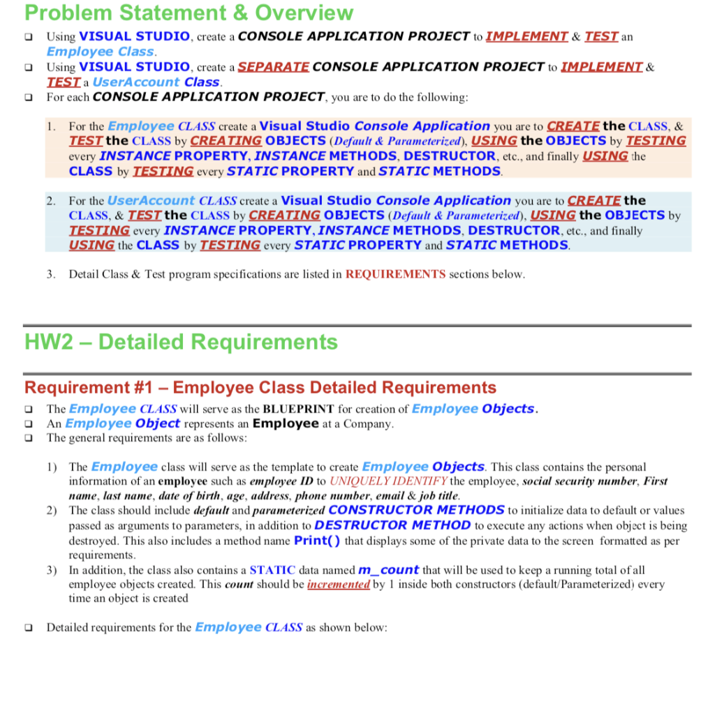 Problem Statement & Overview Using VISUAL STUDIO, | Chegg.com