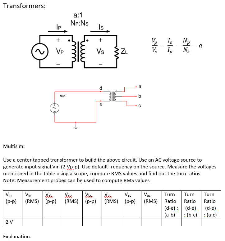 Solved Transformers: а:1 Np:Ns P s = a. Ip VP Vs ZL a d Vin | Chegg.com