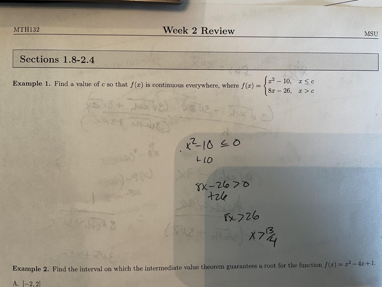 Solved MTH132 Week 2 Review MSU Sections 1.8-2.4 (12 – 10, | Chegg.com