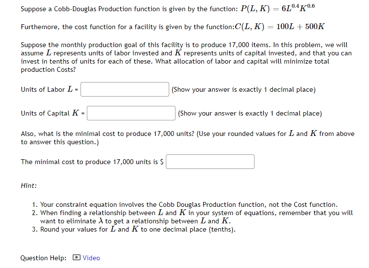 Solved Suppose a Cobb-Douglas Production function is given | Chegg.com
