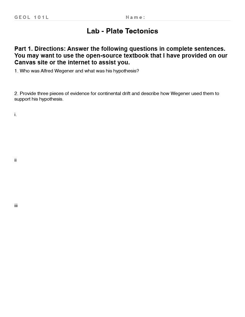 Solved Lab - Plate Tectonics Part 1. Directions: Answer the | Chegg.com