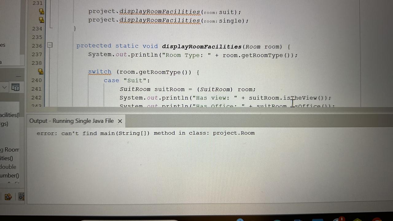 Solved project. displayRoomFacilities (room: suit) ; | Chegg.com