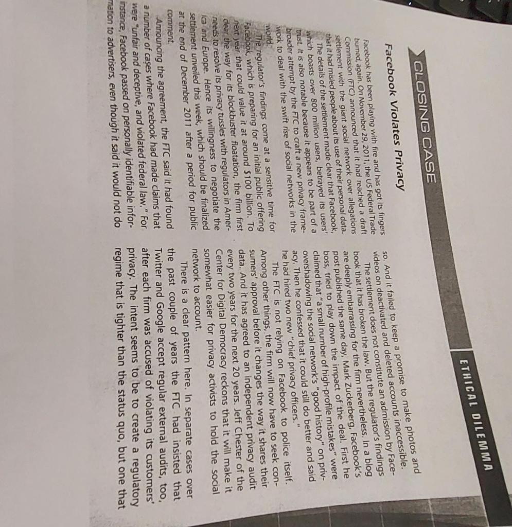 Solved 1- IDENTIFY THE ETHICAL ISSUES VIOLATED BY FACEBOOK | Chegg.com