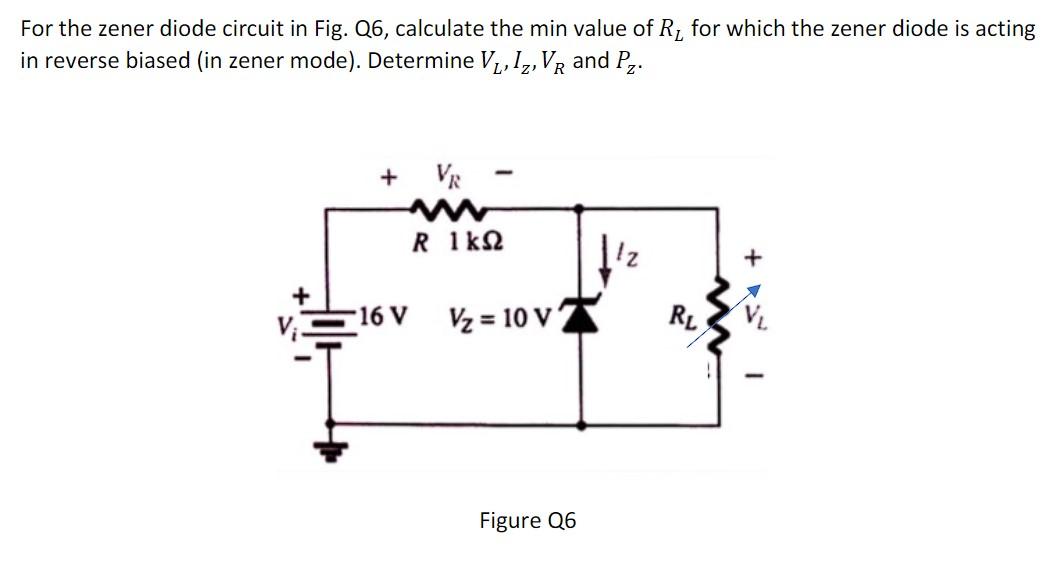 Solved For the zener diode circuit in Fig. Q6, calculate the | Chegg.com