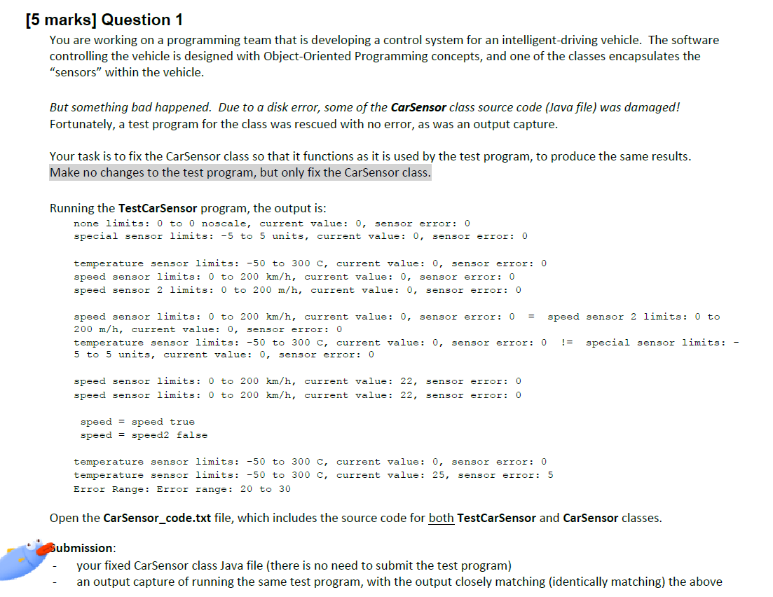** below is the CarSensor class, or what could be | Chegg.com