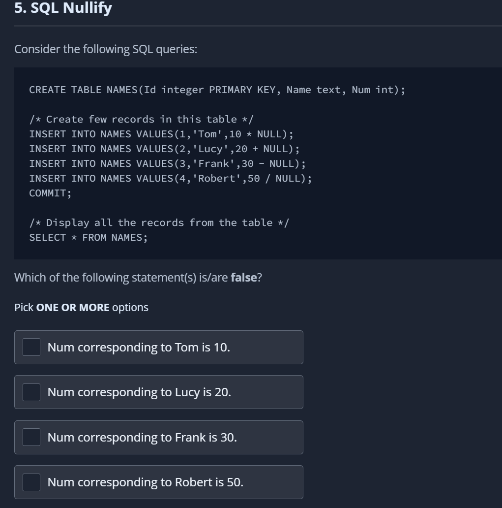 Solved 5. SQL Nullify Consider the following SQL queries: | Chegg.com
