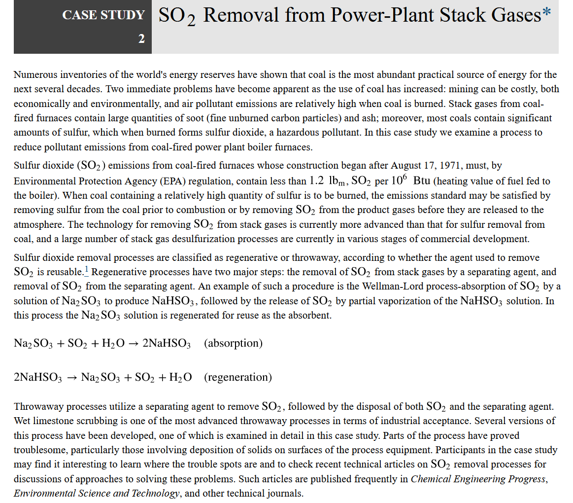 CASE STUDY SO2 Removal from Power-Plant Stack Gases* | Chegg.com