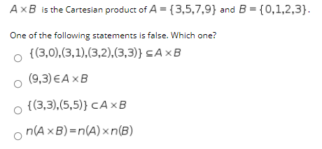 Solved AxB is the Cartesian product of A = {3,5,7,9) and B = | Chegg.com