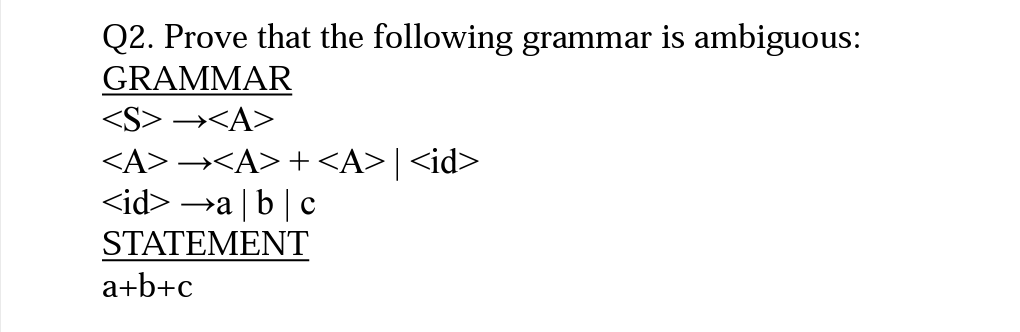 Solved Q2. Prove that the following grammar is ambiguous: | Chegg.com