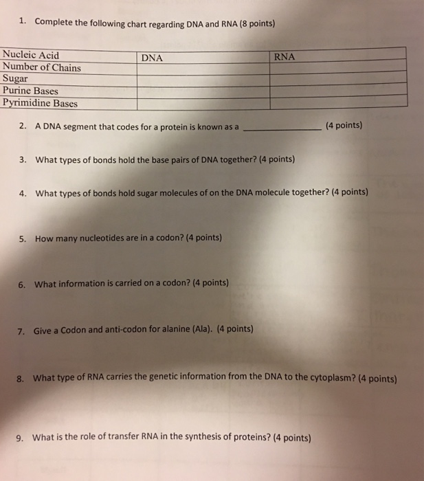 Solved 1. Complete the following chart regarding DNA and RNA | Chegg.com