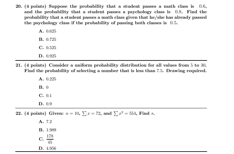Solved 20. (4 points) Suppose the probability that a student | Chegg.com