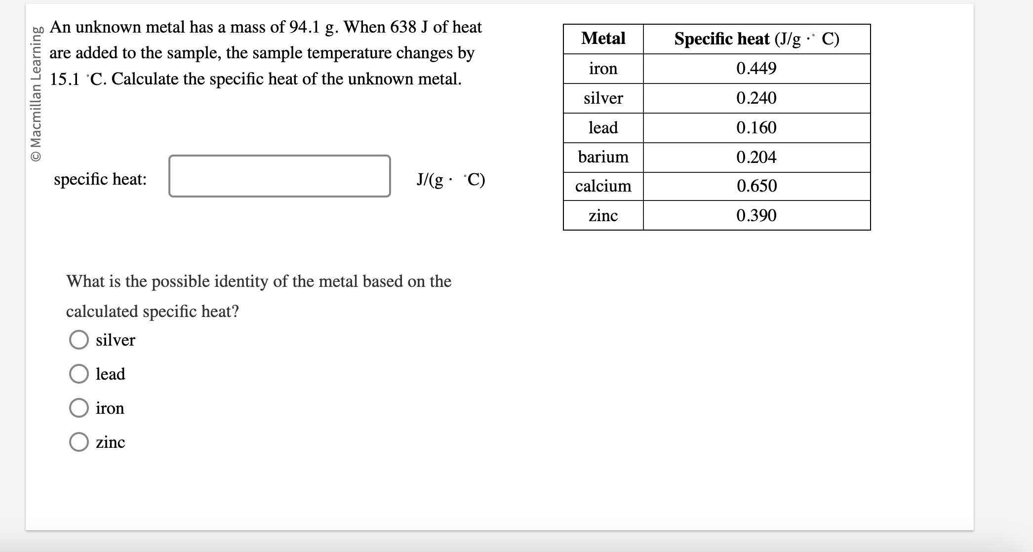 Solved a An unknown metal has a mass of 94.1g. ﻿When 638J | Chegg.com