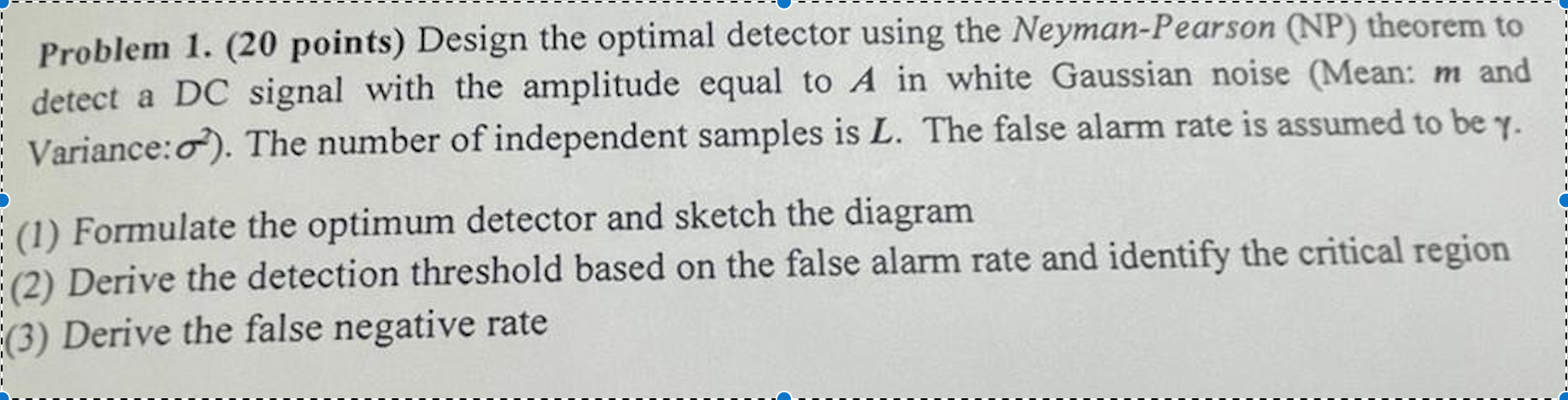 Solved Problem 1. (20 points) Design the optimal detector | Chegg.com