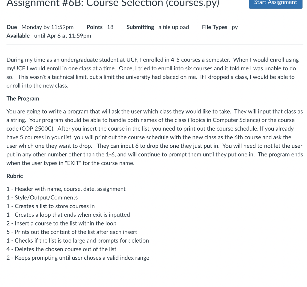 Assignment #6B: Course Selection (courses.py) Start | Chegg.com