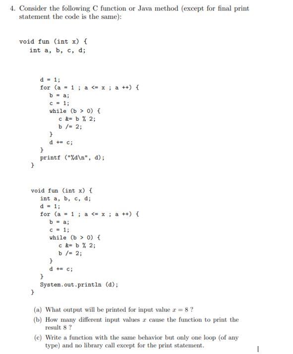 Solved 4. Consider the following C function or Java method | Chegg.com