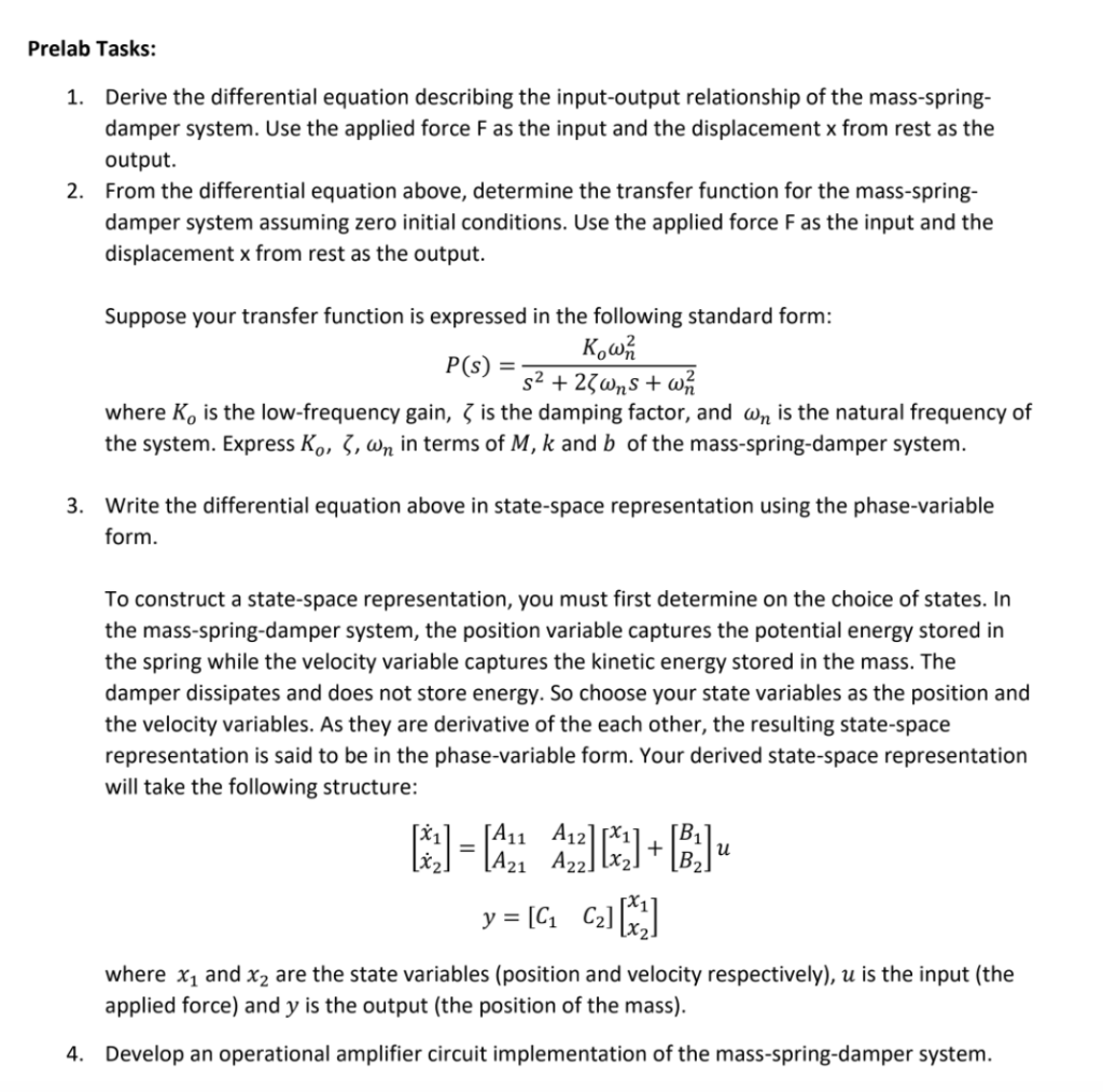 Solved Prelab Tasks: 1. Derive the differential equation | Chegg.com