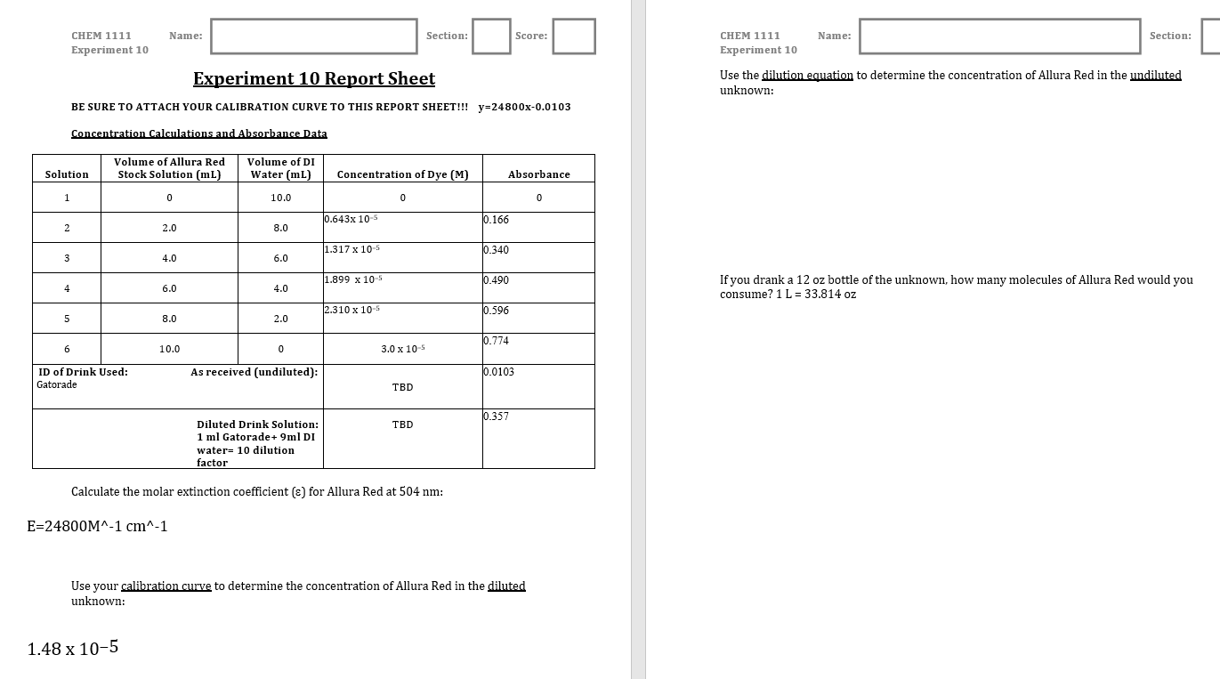 Name: Section: Score: CHEM 1111 Experiment 10 CHEM | Chegg.com Name: Section: Score: CHEM 1111 Experiment 10 CHEM | Chegg.com