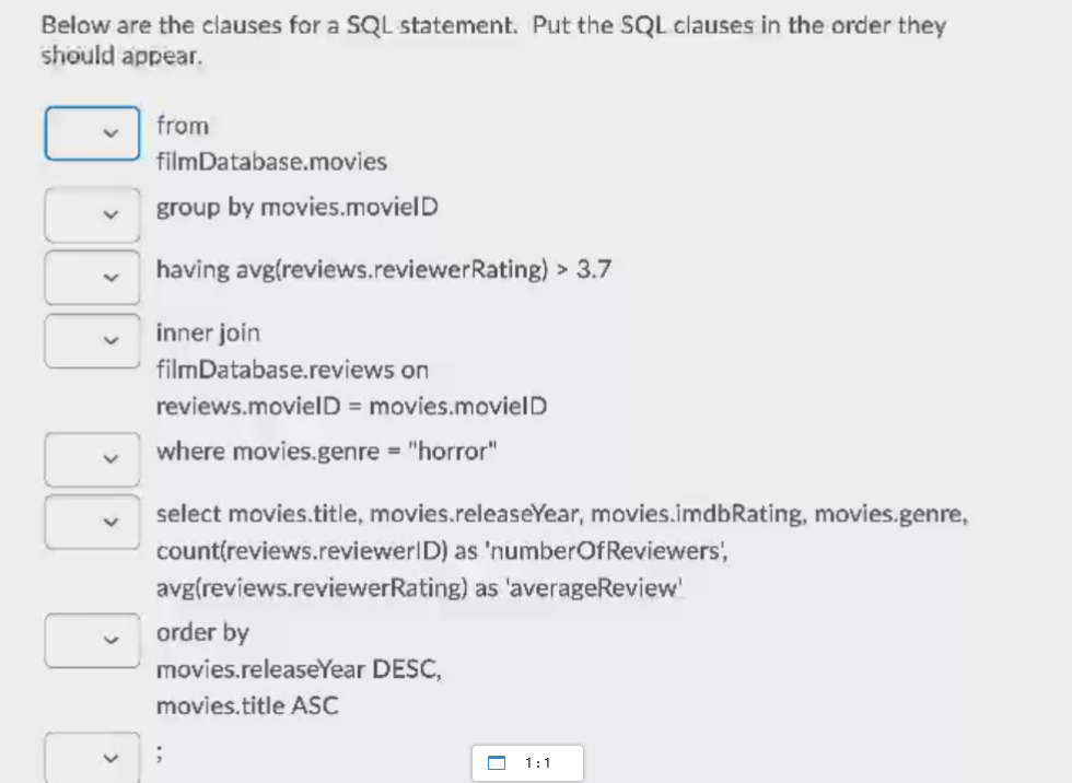 Solved Below are the clauses for a SQL statement. Put the | Chegg.com