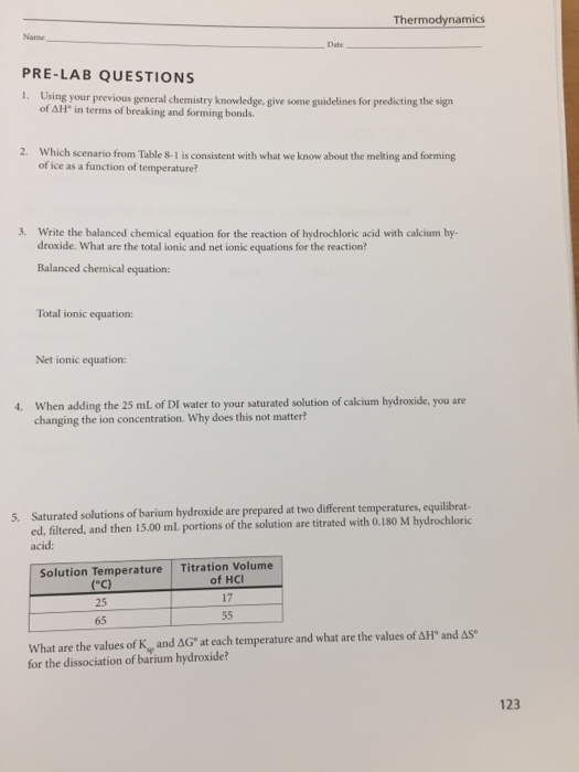 Solved Thermodynamics PRE-LAB QUESTIONS 1. Using your | Chegg.com