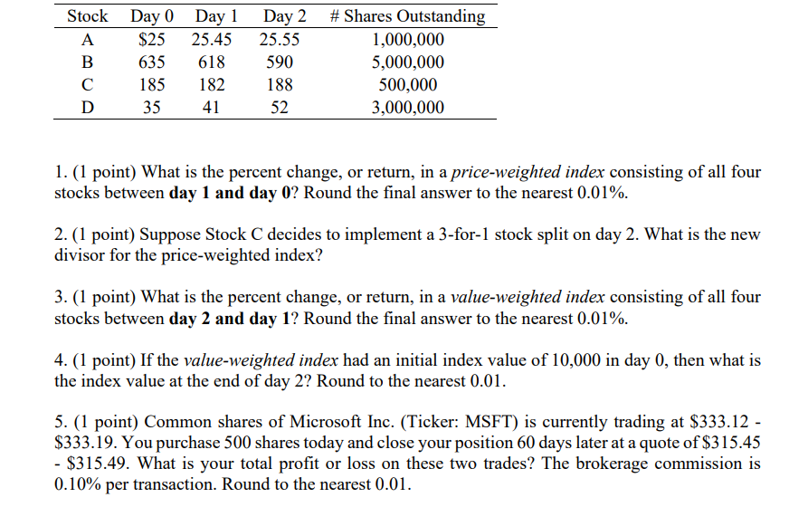 Solved 1. (1 point) What is the percent change, or return, | Chegg.com