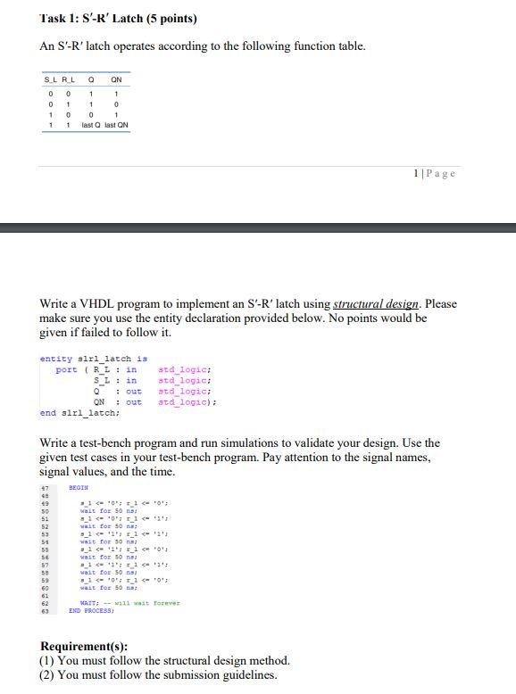 Solved Task 1: S'-R' Latch (5 points) An S'-R' latch | Chegg.com