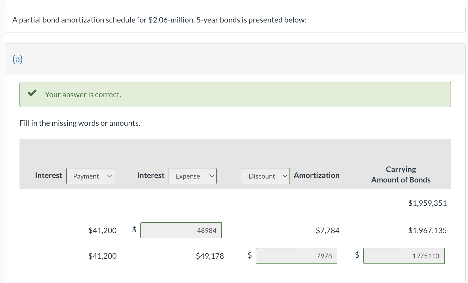 Solved A partial bond amortization schedule for $2.06− | Chegg.com