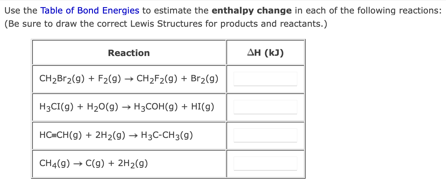 Solved Use the Table of Bond Energies to estimate the | Chegg.com