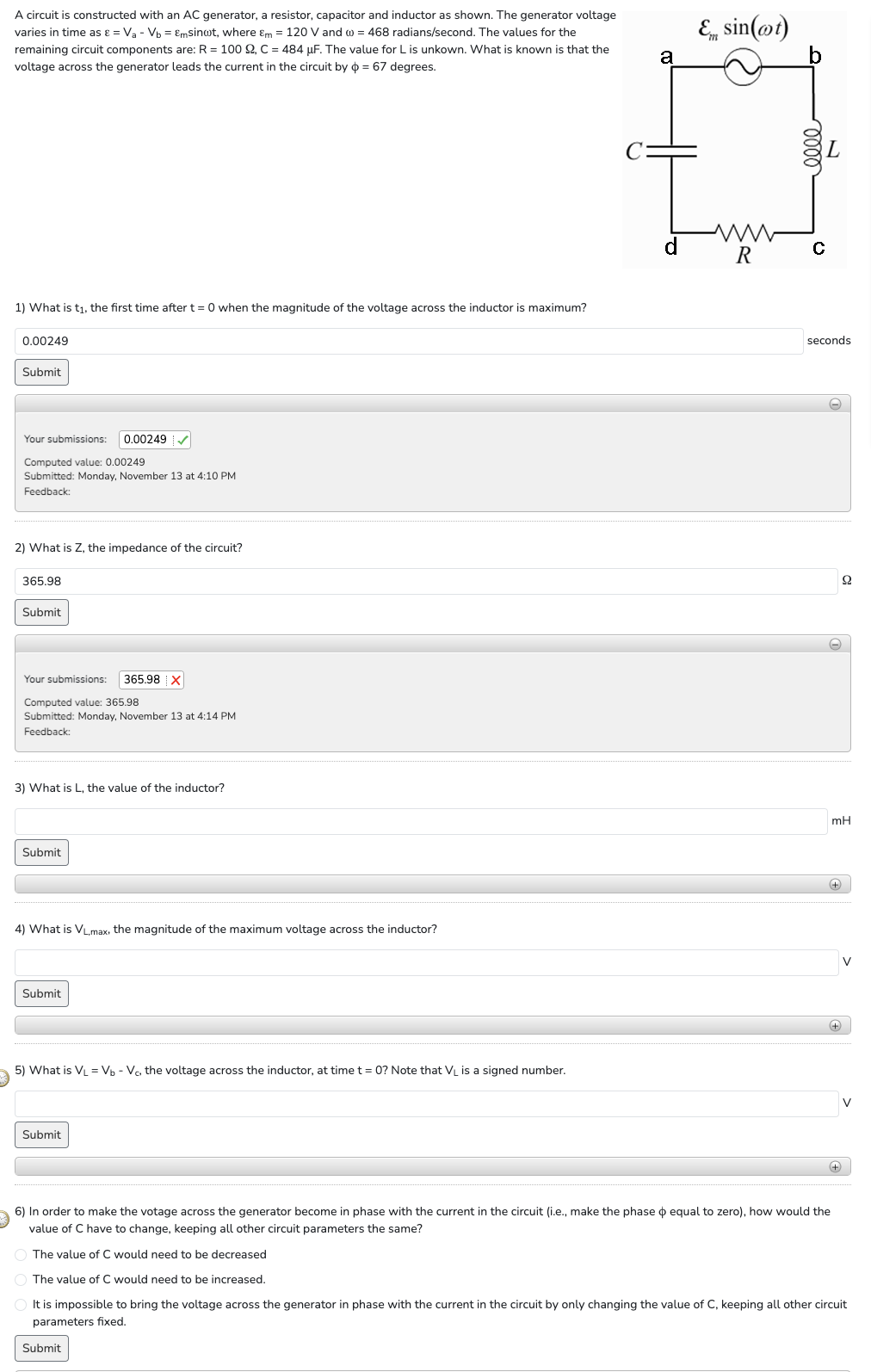 Solved A circuit is constructed with an AC generator, a | Chegg.com