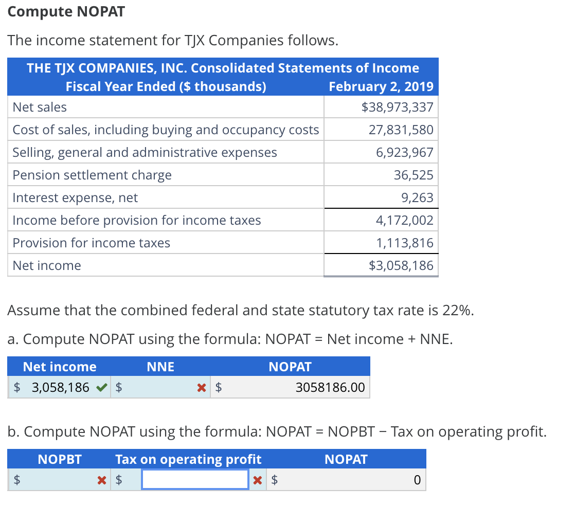 Compute NOPATThe income statement for TJX Companies | Chegg.com