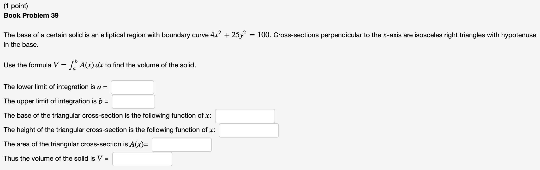 Solved (1 point) Book Problem 39 The base of a certain solid | Chegg.com