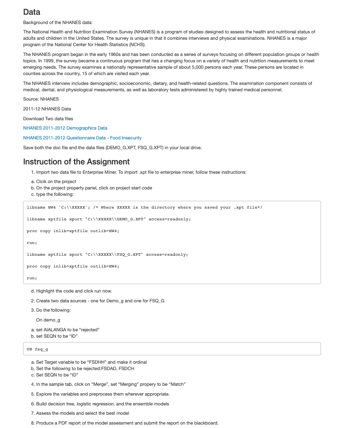 Data Background of the NHANES data: The National | Chegg.com