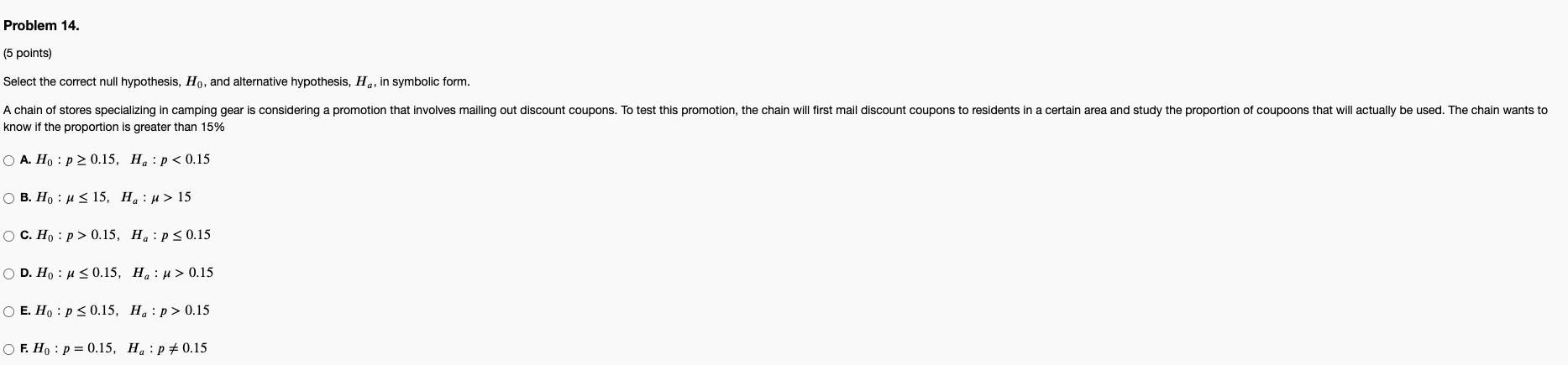 Solved (5 points) Select the correct null hypothesis, H0, | Chegg.com