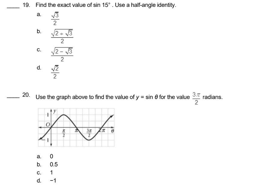 Solved 19. Find the exact value of sin 15°. Use a half-angle | Chegg.com