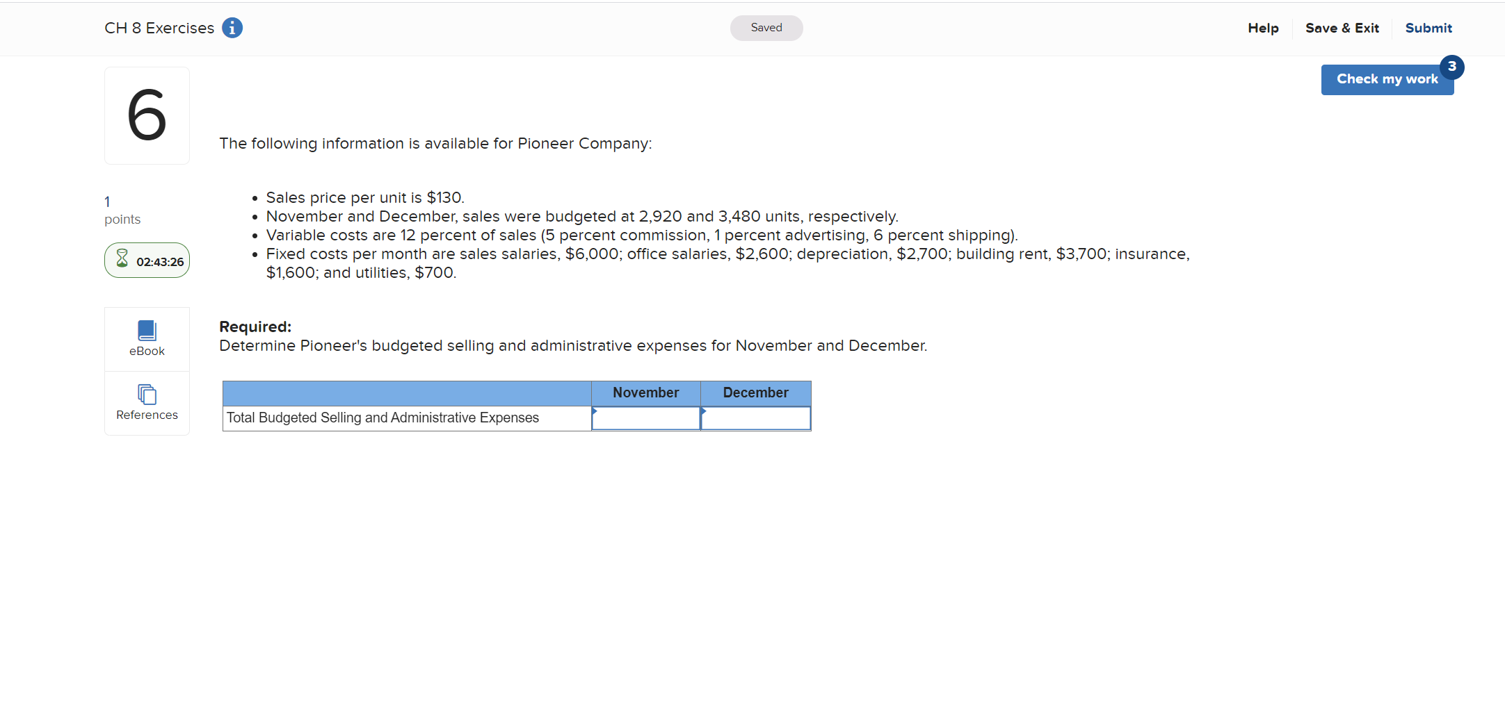 Solved CH 8 Exercises i Saved Help Save & Exit Submit Check | Chegg.com