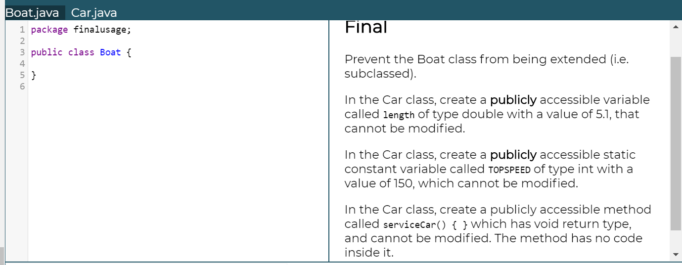 Solved Final Boat.java Car.java 1 package finalusage; 2 3 | Chegg.com