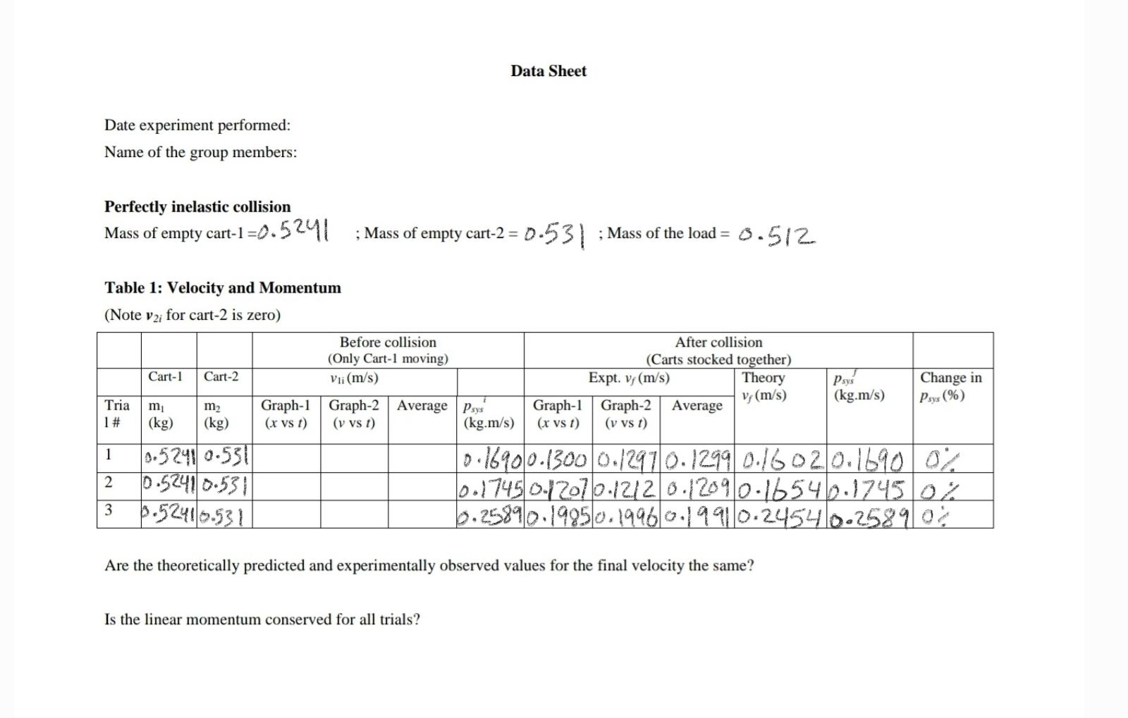 Perfectly inelastic collision Mass of empty | Chegg.com