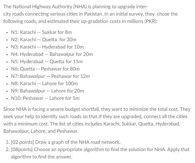 Solved . . The National Highway Authority (NHA) is planning | Chegg.com
