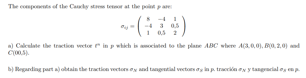 Solved The components of the Cauchy stress tensor at the | Chegg.com