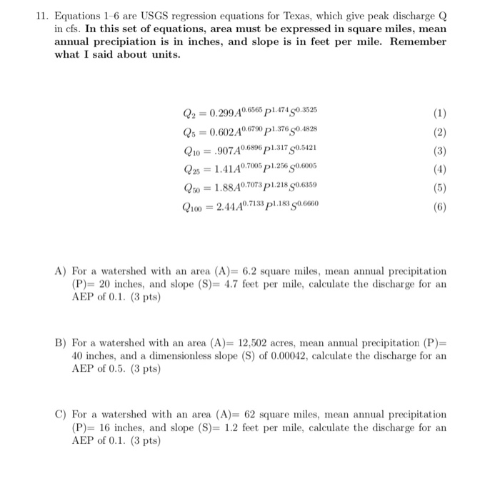 Solved 11. Equations 1-6 are USGS regression equations for | Chegg.com